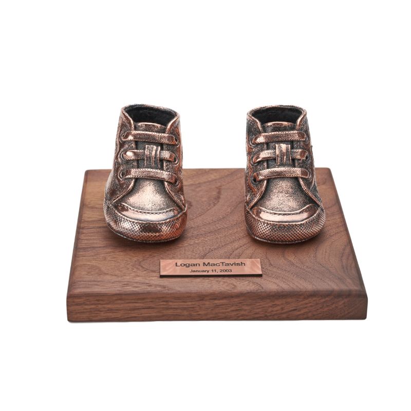 Pair Bronzed Baby Shoes on Wood or Black Lacquer Base (Style 132)